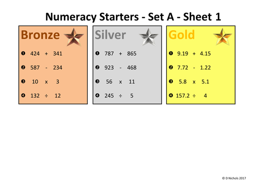 Numeracy Starter - Set A - Gold, Silver Bronze Questions (1 page sample ...