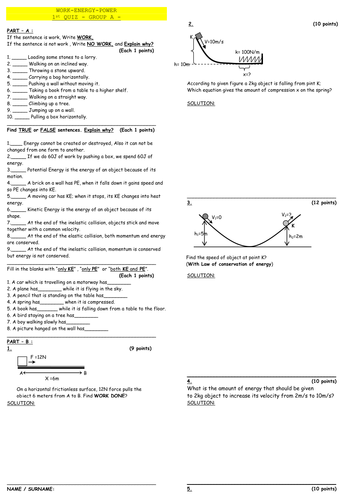 WORK - ENERGY - POWER – Quiz | Teaching Resources