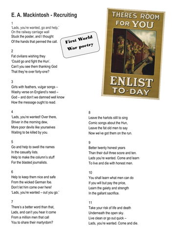 War poetry KS3 - Mackintosh - Recruiting | Teaching Resources