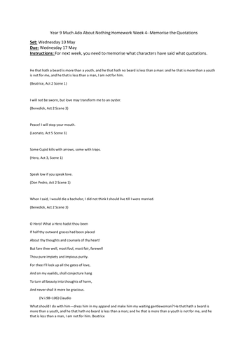 Much Ado About Nothing Lessons, Assessments and Homework | Teaching ...