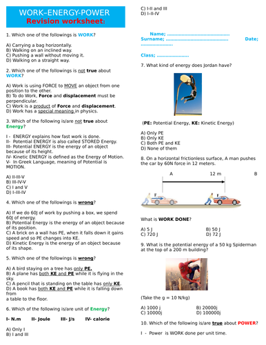 WORK - ENERGY - POWER – Quick Review for EXAM | Teaching Resources
