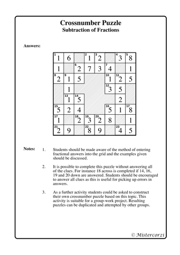 Crossnumber Puzzle: Subtraction of Fractions | Teaching Resources