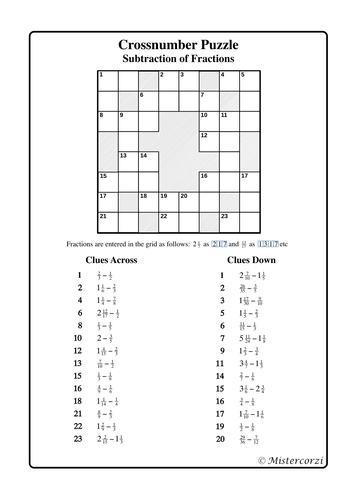 Crossnumber Puzzle: Subtraction of Fractions | Teaching Resources