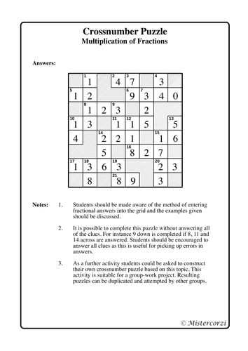 Crossnumber Puzzle: Multiplication of Fractions | Teaching Resources