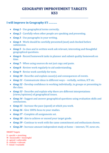 Geography Improvement Targets | Teaching Resources