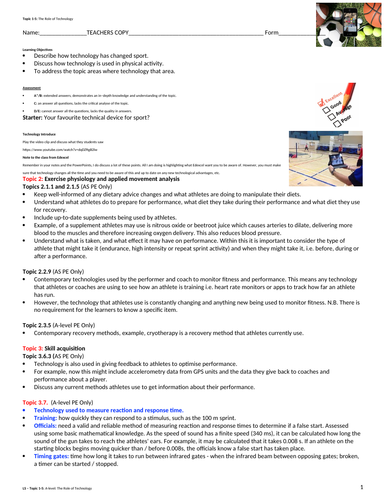 A-level PE EDEXCEL (spec 2016) The Role of Technology | Teaching Resources