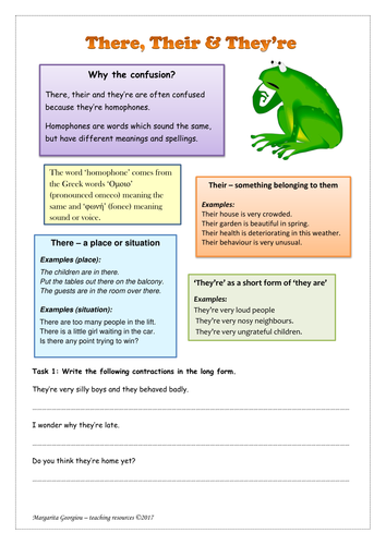 There, their, they're homophone worksheet with explanation, examples ...