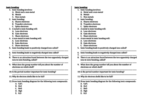 Ionic Bonding Questions | Teaching Resources