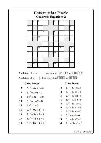 Crossnumber Puzzle: Quadratic Equation 2 | Teaching Resources