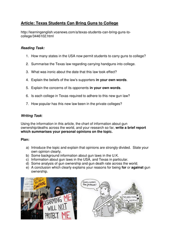Gun Law Reading and writing exercise | Teaching Resources
