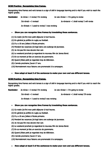 French GCSE / Years 8 + 9 - Past, Present + Future Tenses - Range of ...