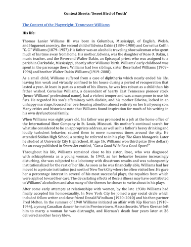 Tennessee Williams' 'Sweet Bird of Youth' - context lesson | Teaching ...