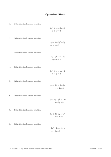 Simultaneous Equations One Linear One Quadratic Worksheets | Teaching ... Simultaneous Equations One Linear One Quadratic Worksheets | Teaching ...