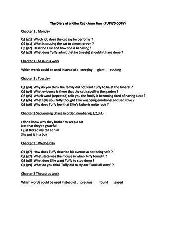 The Diary of a Killer Cat (Anne Fine) Guided Reading / COMPREHENSION ...