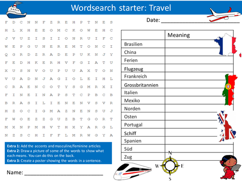 German Travel Wordsearch Keywords KS3 GCSE Starter Activities ...