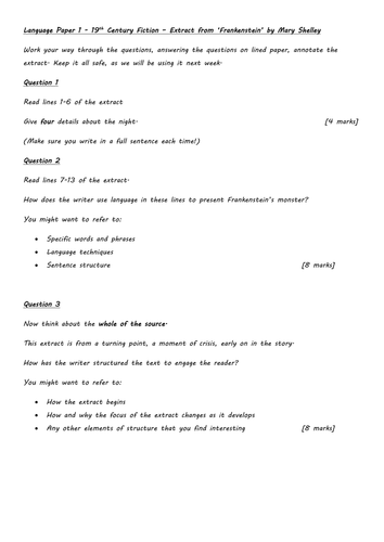 Language Paper 1: Reading Section - Frankenstein Extract and ...