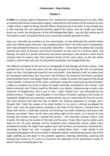 Language Paper 1: Reading Section - Frankenstein Extract and ...