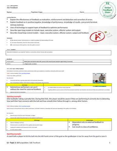 A-Level PE EDEXCEL (spec 2016) 3.6. Feedback | Teaching Resources