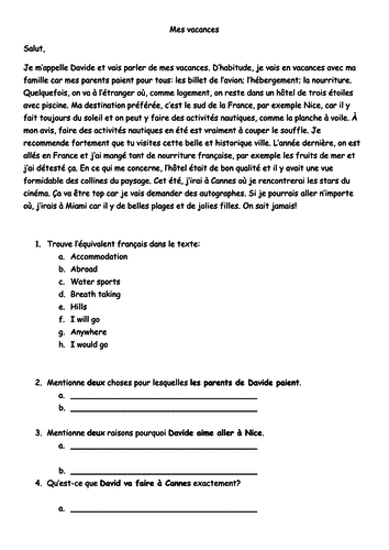 Holidays Les Vacances new GCSE reading style worksheet | Teaching Resources