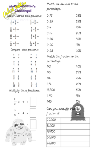 Fractions, decimals and percentages mini test | Teaching Resources