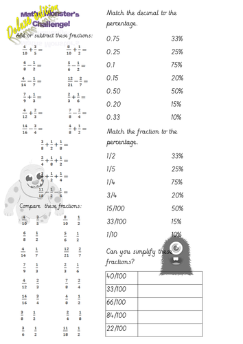 Fractions, decimals and percentages mini test | Teaching Resources