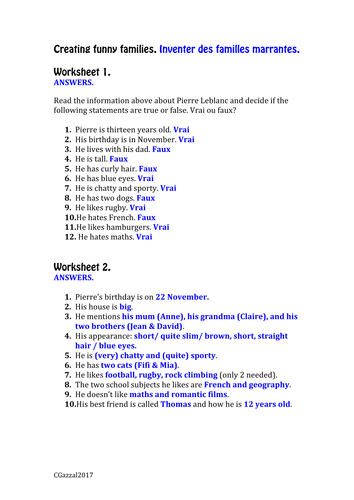 French KS2 & KS3 - Creating Funny Families. (Self & Family) | Teaching ...