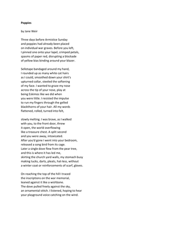 Conflict Poetry: 'Poppies' by Jane Weir | Teaching Resources