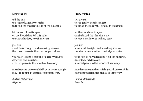 Conflict Poetry: 'Elegy for Jos' ethnic cleansing poem | Teaching Resources
