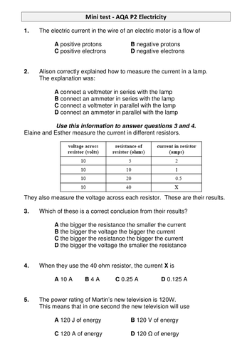 new 2018 AQA GCSE Physics / Trilogy Science - P2 Electricity mini test ...