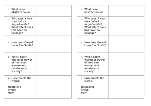 5 a day English Literature starters | Teaching Resources