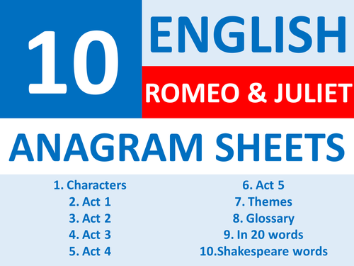 10 Anagram Sheets Romeo and Juliet English Keyword Starters Wordsearch ...