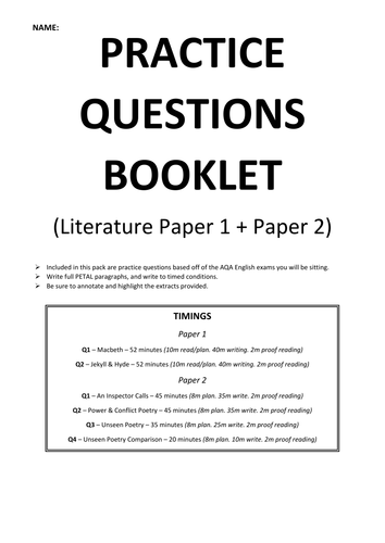 Practice Questions Booklet - AQA Literature Papers | Teaching Resources