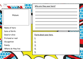 KS2/KS3 My hero fact file. Worksheet for finding information about ...