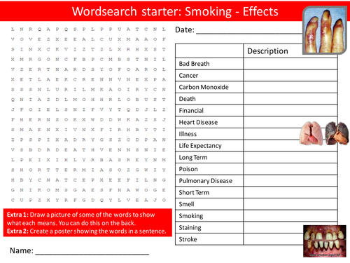Smoking Effects PHSE Keyword Starters Wordsearch Crossword Homework ...