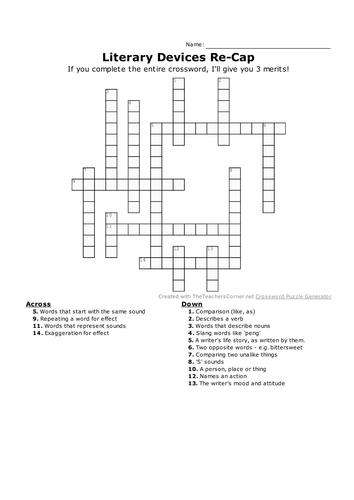 Literary Devices Crossword | Teaching Resources