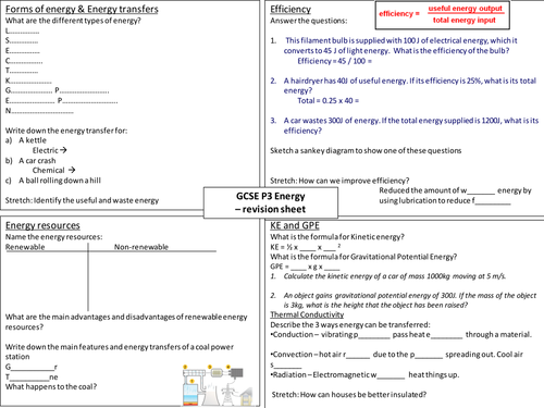 P3 Energy revision mat (Edexcel 9-1 combined science) | Teaching Resources