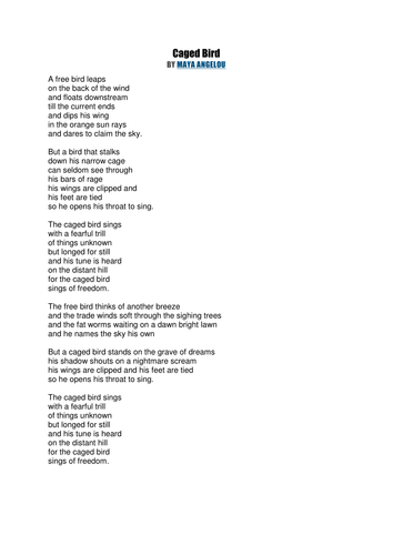 Caged Bird. Maya Angelou. Tone and voice Introduction. | Teaching Resources