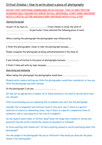 Photography exam topic stages of working | Teaching Resources