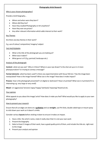 Photography exam topic stages of working | Teaching Resources