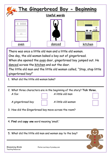 The Gingerbread Boy Comprehension - Year 1 traditional tales | Teaching ...