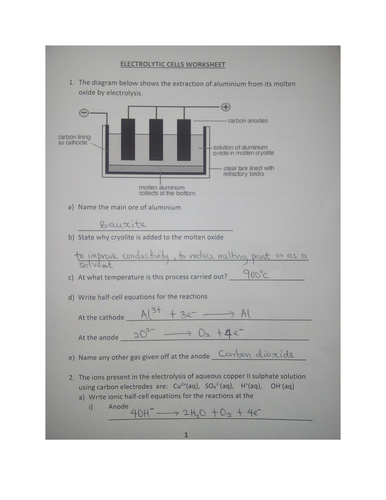 ELECTROLYTIC CELLS WORKSHEET WITH ANSWERS | Teaching Resources