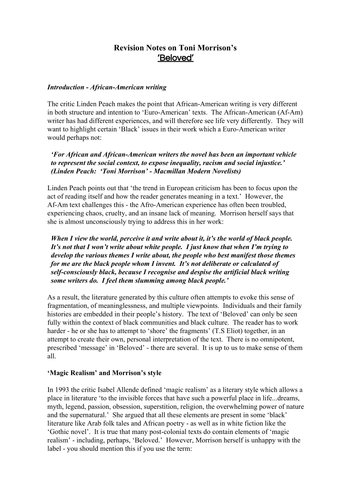 'Beloved' overview handout of the novel | Teaching Resources
