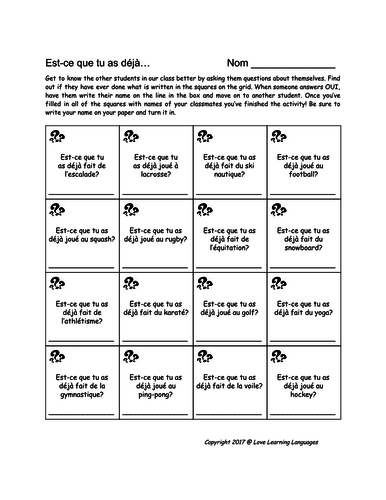 GCSE FRENCH: SPORTS French Speaking Activity: Est-ce que tu as déjà ...