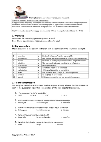 The Gig Economy a Worksheet for advanced students of English for ...