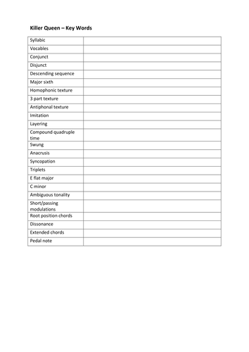 Edexcel GCSE Music (9-1) Killer Queen: Key Words | Teaching Resources