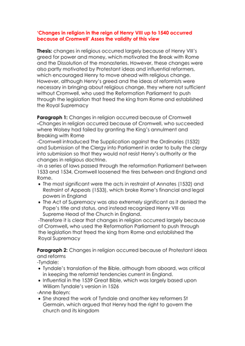 A level History, Tudors: essay plan on reasons for changes in religion ...