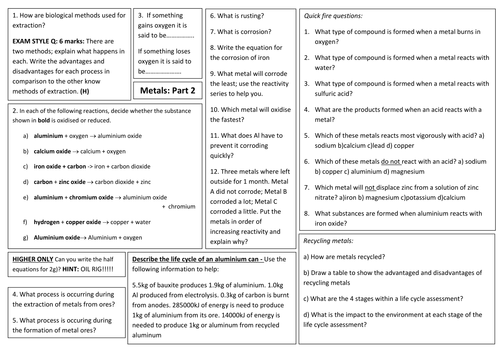 Edexcel 9-1 CC11 Revision MAT / SHEET for Obtaining and using metals ...