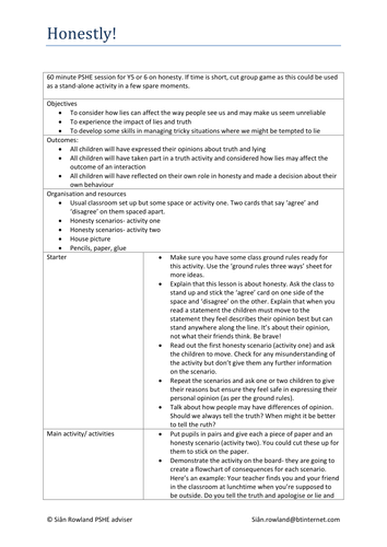 Honesty, truth and lies lesson plan KS2 PSHE | Teaching Resources