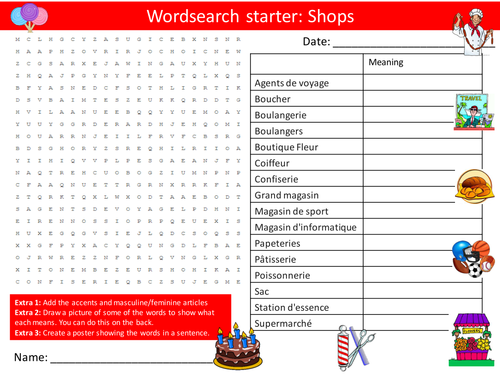 French Shops Wordsearch Crossword Anagrams Keyword Starters Homework ...