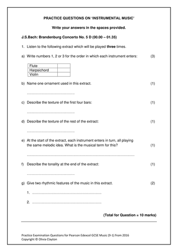 Edexcel GCSE Music (9-1) Listening Questions: Instrumental Music ...